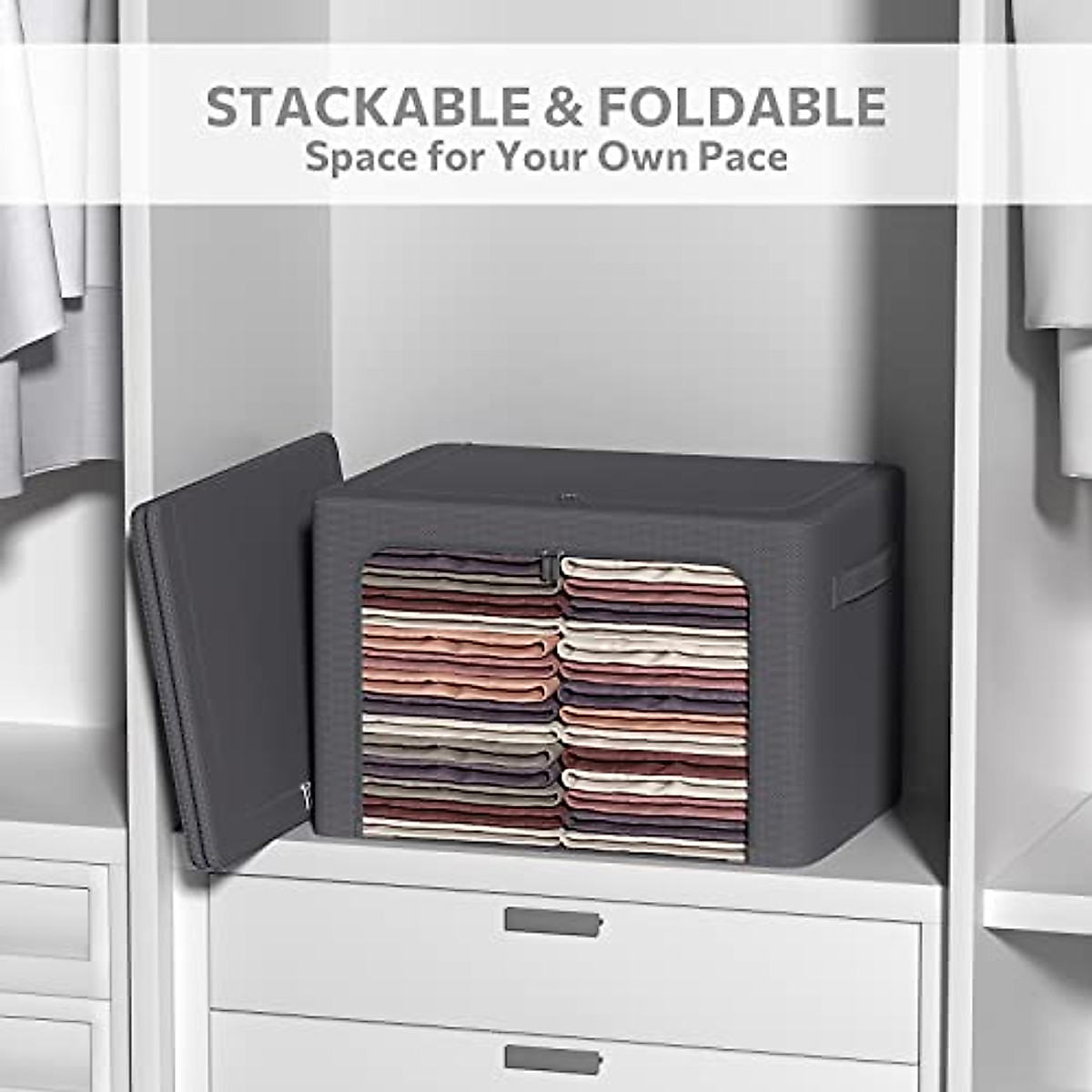 3Pack Stackable Clothes Storage Bins - Oxford Frame Storage Box Foldable Clothing Storage Container Organizer Set with Clear Window & Carry Handles Large Capacity (Dark Gray, Small-22L)