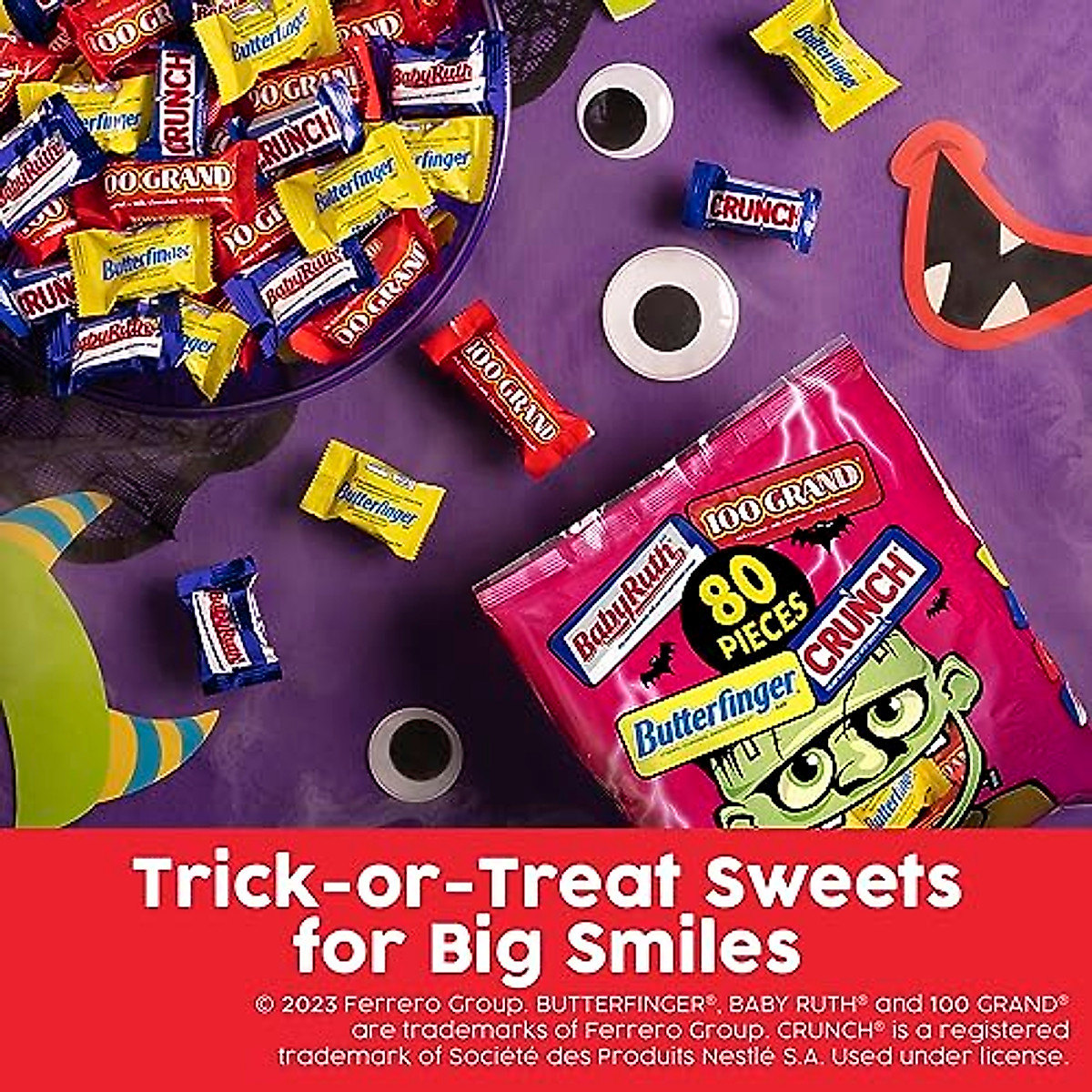 Butterfinger CRUNCH Baby Ruth and 100 Grand Candy Variety Pack Assorted Mini and Fun Size, Individually Wrapped Chocolate Bars, 0.4 Oz. (Pack of 80)