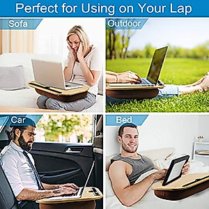 VLOXO Lap Desk with Cushion Portable Laptop Stand with Pillow, 3 in 1 Lap Desk Phone Holder, Desk Tray with Slot & Anti-Slip Strip, Support up to 14 Inch Laptop - Brown