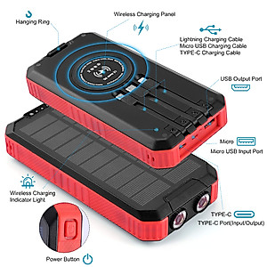 Solar Charger Power Bank OIMYE Solar Phone Charger 30000mAh, Type C Quick Charge 3.0, Wireless Portable Charger Power Bank with External 3 Cables & Flashlight for iPhone, Android, Tablet, Camping