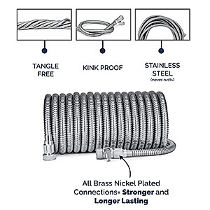 Morvat Stainless Steel Expandable Garden Hose 100 FT, Metal Water Hose Garden hose Water Pipe Flexible Hose ON/OFF Brass Connection, 10 Pattern Hose Sprayer Nozzle, Hose Holder, Washers & Teflon Tape