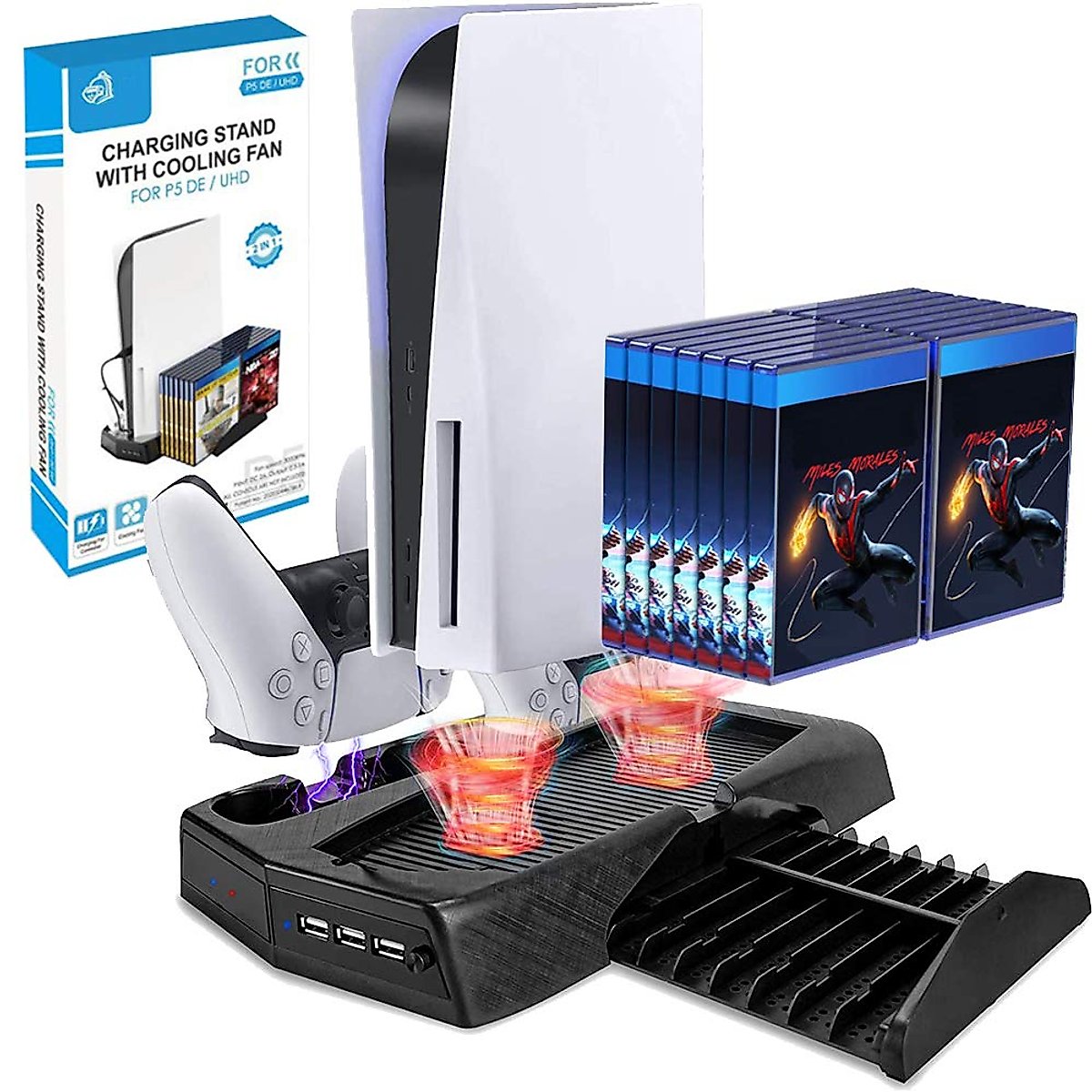 Vertical Stand with Cooling Fan, for PS5 Digital Edition and PS5 UHD Edition, Fast Cooling, Safe and Quiet, with Dual DualSense Controller Charger Ports and Retractable Game Storage