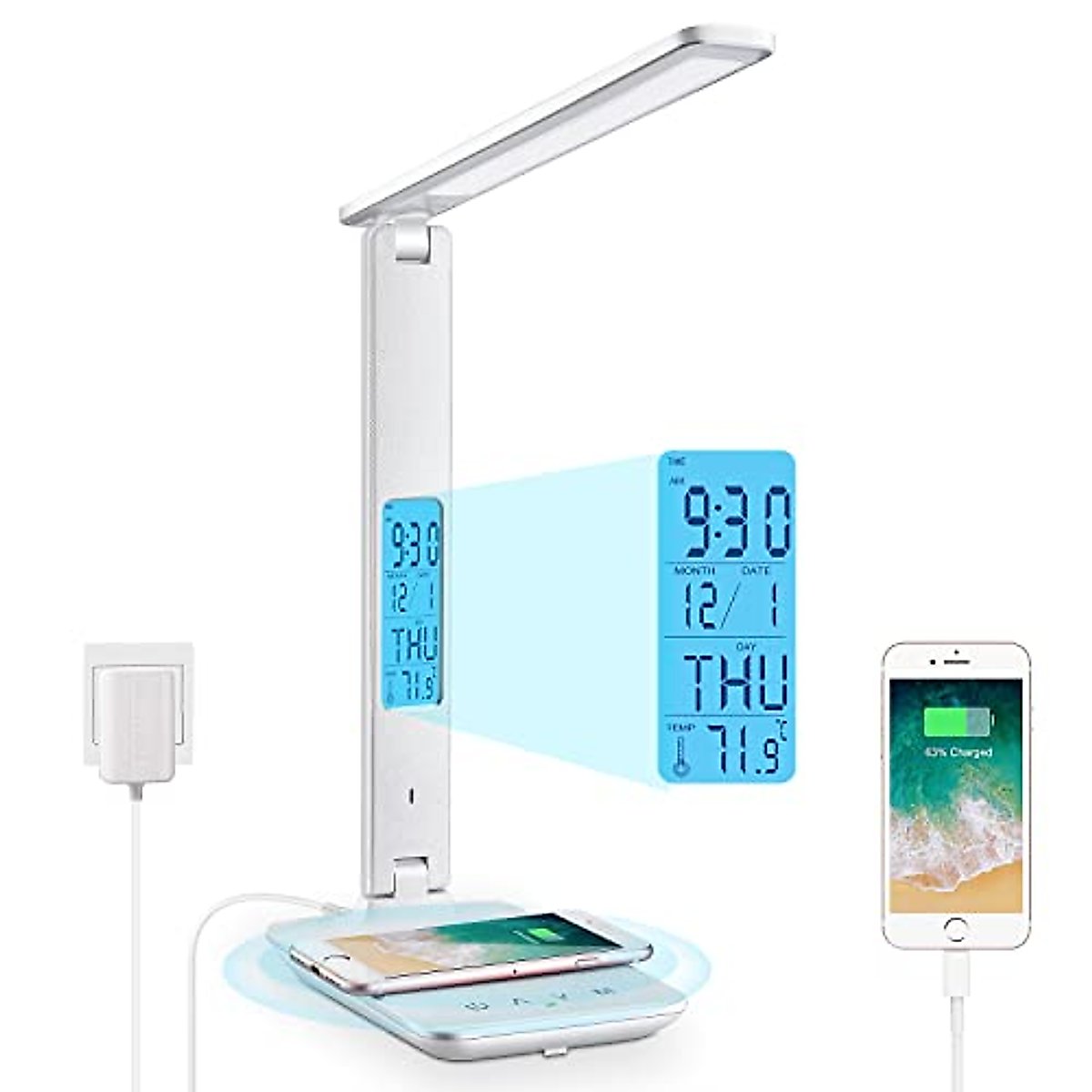 LAOPAO LED Desk Lamp with Wireless Charger, USB Charging Port, Adjustable Foldable ​Table Lamp with Clock, Alarm, Date, Temperature, 5-Level Dimmable ​Lighting​, Office Lamp with Adapter, White