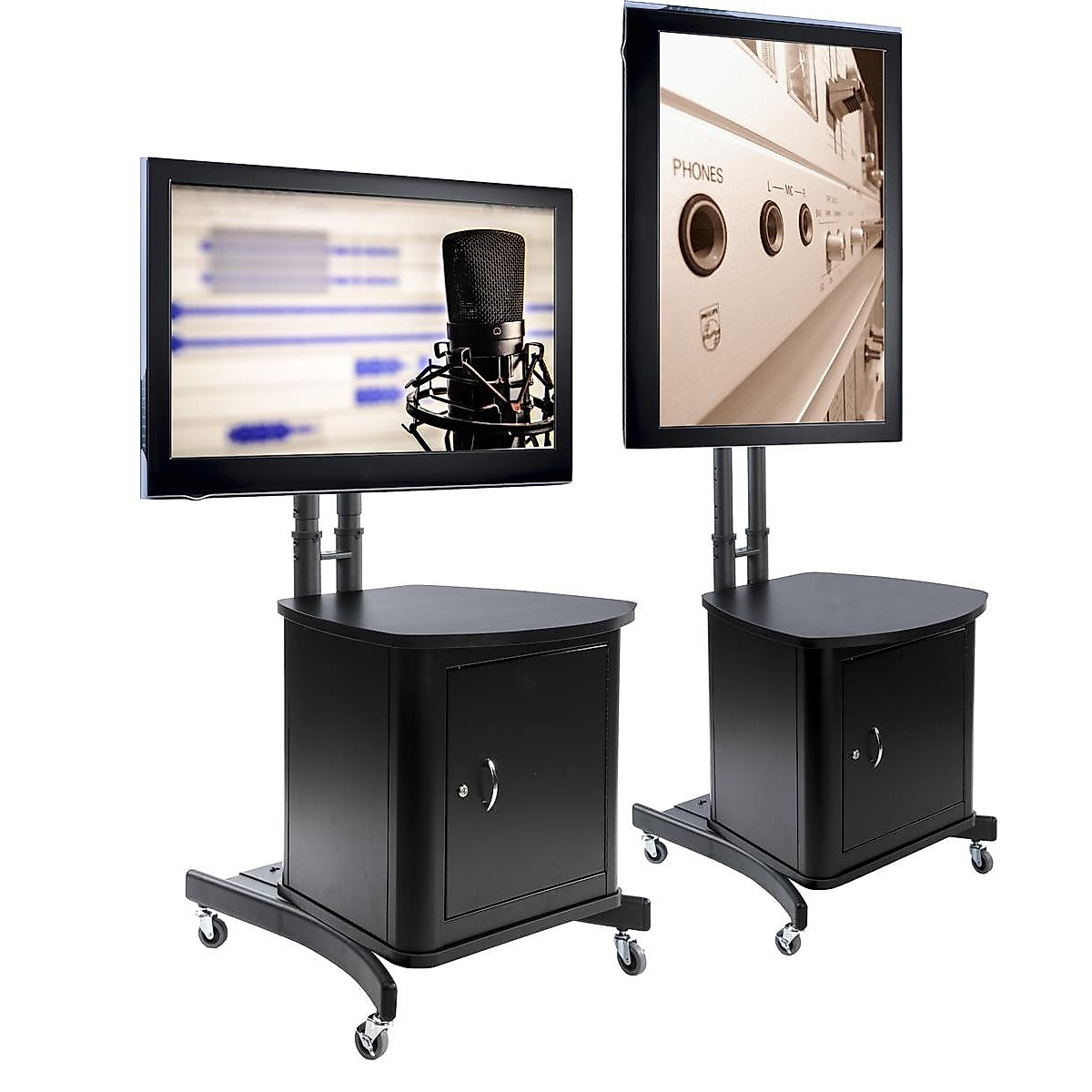 Displays2go TV Stand w/Locking Cabinet Fits Monitors 32”-65”, Collapsible w/Carry Case – Black (MBTVKDBKCRT)