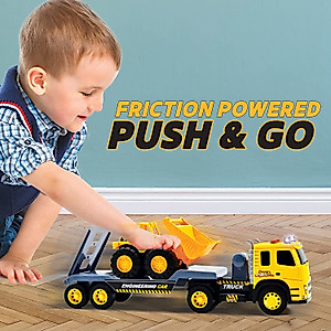 MOBIUS Toys Flatbed Truck with Excavator Tractor Toy - 1:12 Scale, Push and Go Construction Vehicle Playset, Lights & Sounds for Kids, Toddlers, Boys, & Girls Ages 3 4 5 Years Old
