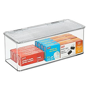 mDesign Plastic Stackable Storage Organizer Box with Hinged Lid - Long Home Office Holder Supply Bin for Note Pads, Gel Pens, Staples, Tape, Highlighters, or Dry Erase Markers - Clear