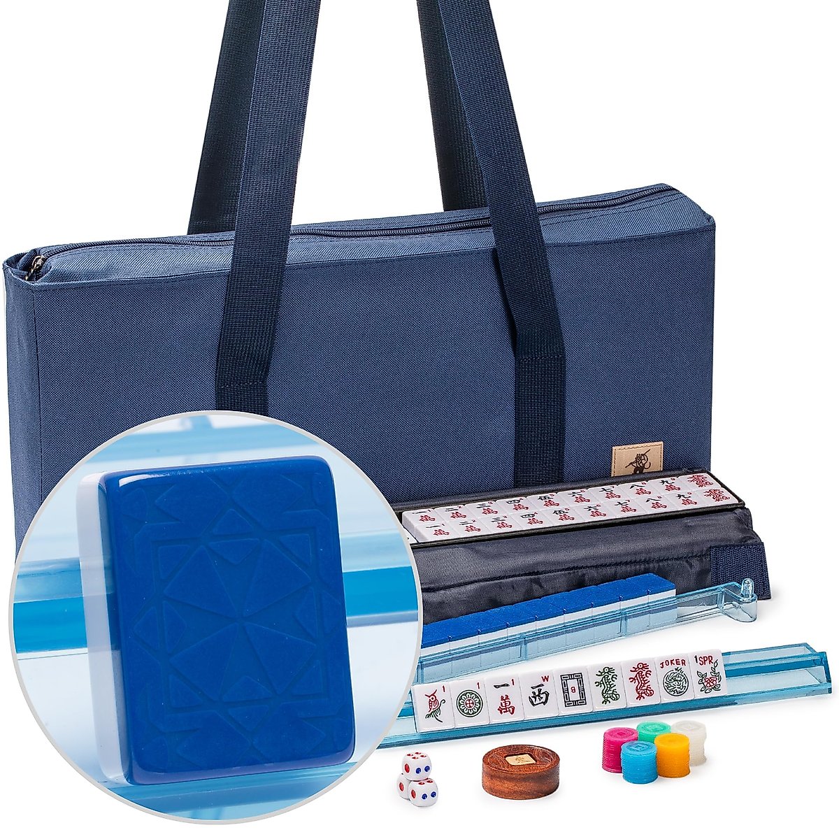 Yellow Mountain Imports American Mahjong Game Set, Santorini with Blue Soft Case - All-in-One Racks with Pushers, Wright Patterson Scoring Coins, Dice, & Wind Indicator