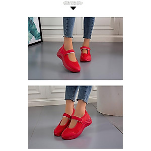 Women's Orthopedic Arch Support Platform Mary Jane Shoes,T-Strap Breathable Mesh Stretch Lightweight Comfortable Fashion Wedge Sneakers (Red,7)