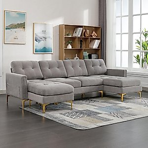 UBGO Living Room Furniture Sets,110" Large Sofa,U-Shape Sectional Chaise Lounge and Convertible Ottoman,Velvet Couches for Apartment,Office (Light Grey)