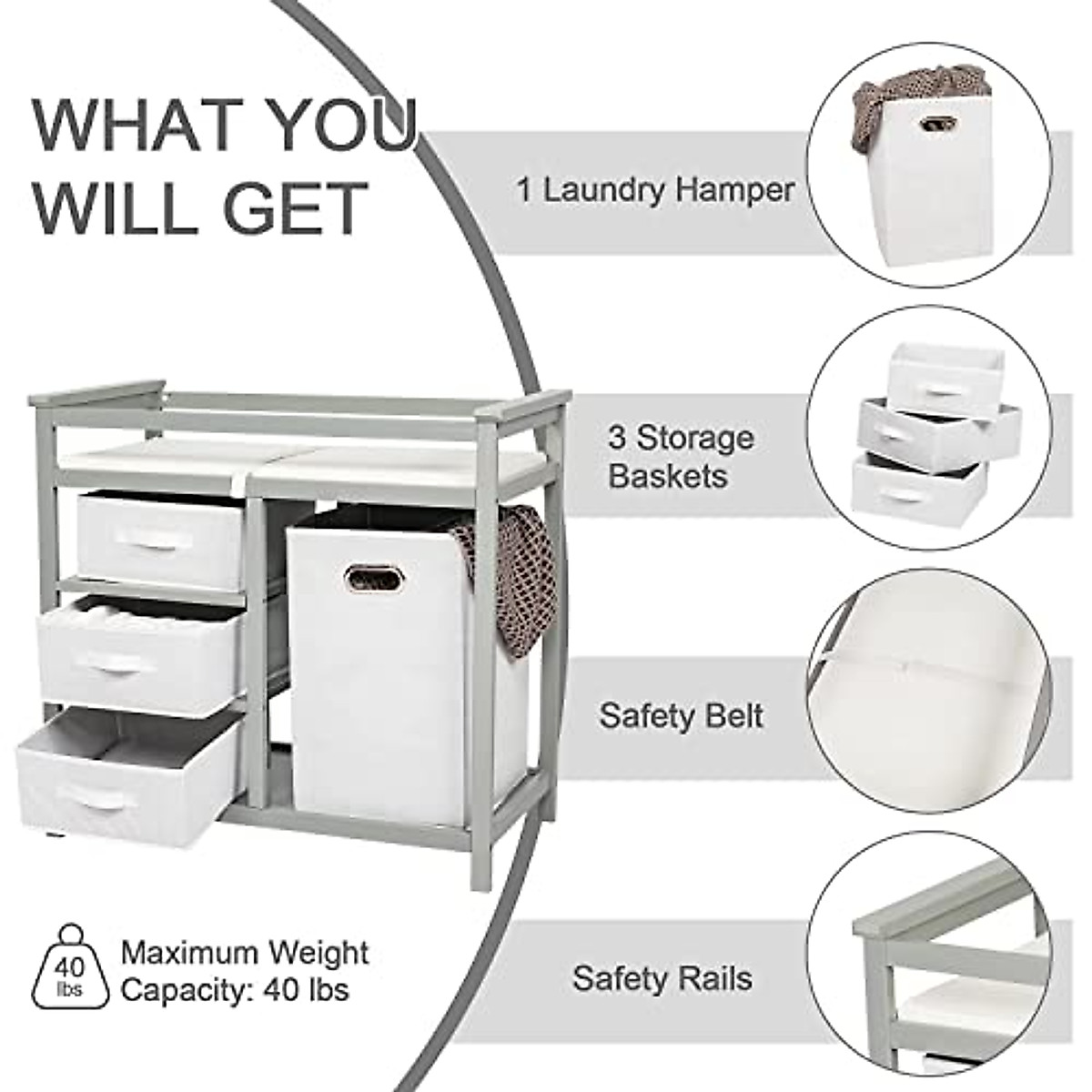 Kinfant Baby Changing Table with Storage - Diaper Changing Table with Laundry Hamper, 3 Storage Basket, Changing Pad & Safety Belt (Grey)