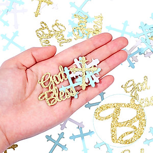 Marspark 300 Pcs Baptism Confetti Glitter Cross God Bless Table Confetti Cross Decorations for Baptism First Communion Baby Shower Birthday Gender Reveal Party Supplies(Blue, Gold, White)