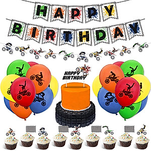57Pcs Motocross Birthday Party Supplies Dirt Bike Garland Banner Cake Topper Motorcycle Cupcake Toppers Latex Balloons Set for Dirt Bike Extreme Sports Racing Party Boy Birthday