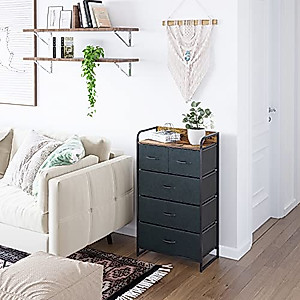 USJRAO Suede Fabric Dresser with 5 Drawers and Shelves Tall Chests of Drawers Sideboard Organizers Unit Storage Tower for Closet Bedroom Living Room Hallway Entryway Steel & Wood Black