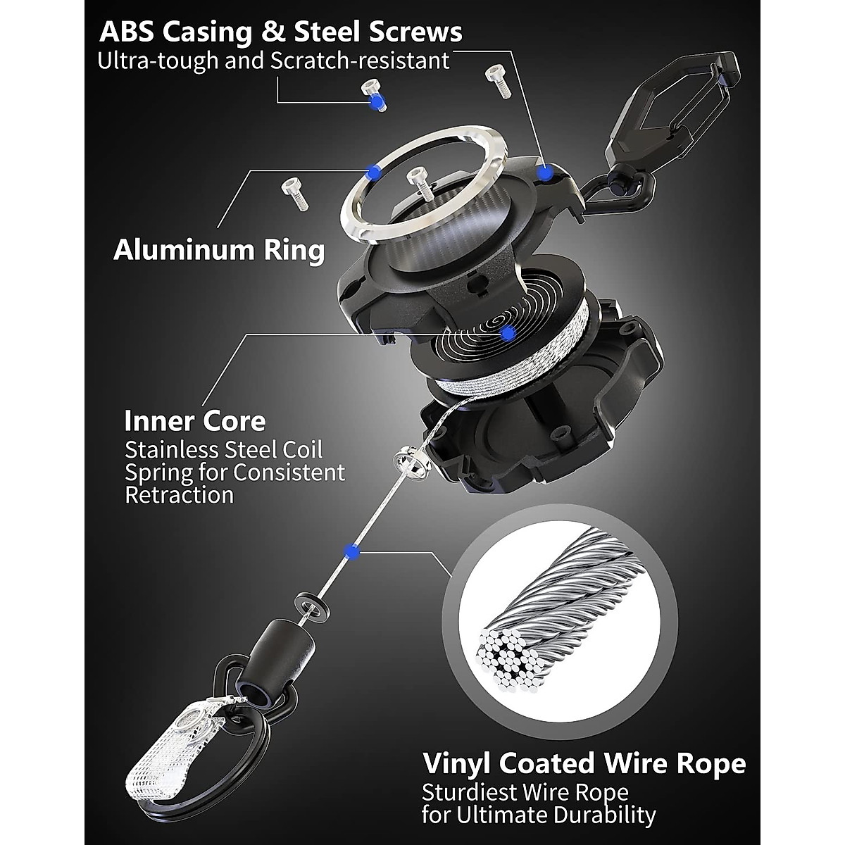 LIUGX 2 Pack Retractable Keychain, Heavy Duty Carabiner Key Chains, 10,000+ Rebound, Impact Resistance ID Badge Reels with 31.5” Wire Rope and Key Ring, Up to 8oz, Aluminum Ring, Carbon Fiber-Texture