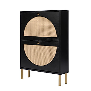 ZeHuoGe Natural Rattan Shoe Cabinet with 2 Flip Drawers, Black Shoe Shelf Organizer with Circle Rattan Doors, for Entryway Narrow Storage Cabinet for Heels, Slippers (Black)