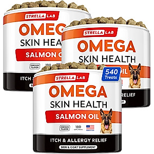 STRELLALAB Omega 3 for Dogs - (540Ct) Fish Oil Treats - Allergy & Itch Relief Skin&Coat Supplement - Dry Itchy Skin, Shedding, Hot Spots Treatment, Anti Itch - Pet Salmon Oil Chews - Chicken Flavor