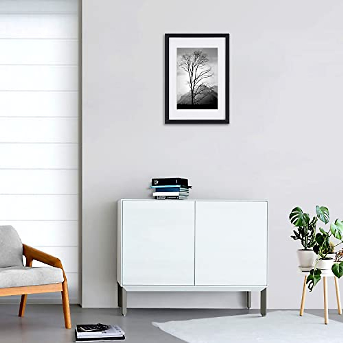 Tree Mountain Wall Art Black and White Landscape Picture Framed Canvas Print in White Matte and Black Framed 11x16 Inch Modern Artwork for Kitchen and Home or Living Room Decor