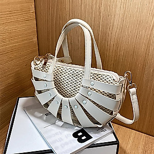 QTKJ Hand-woven Cute Women Summer Beach Semi-circle Rattan Straw Handbags, Splicing Shoulder Bag Cross body Straw Bag with Leather Shoulder Strap (Beige)
