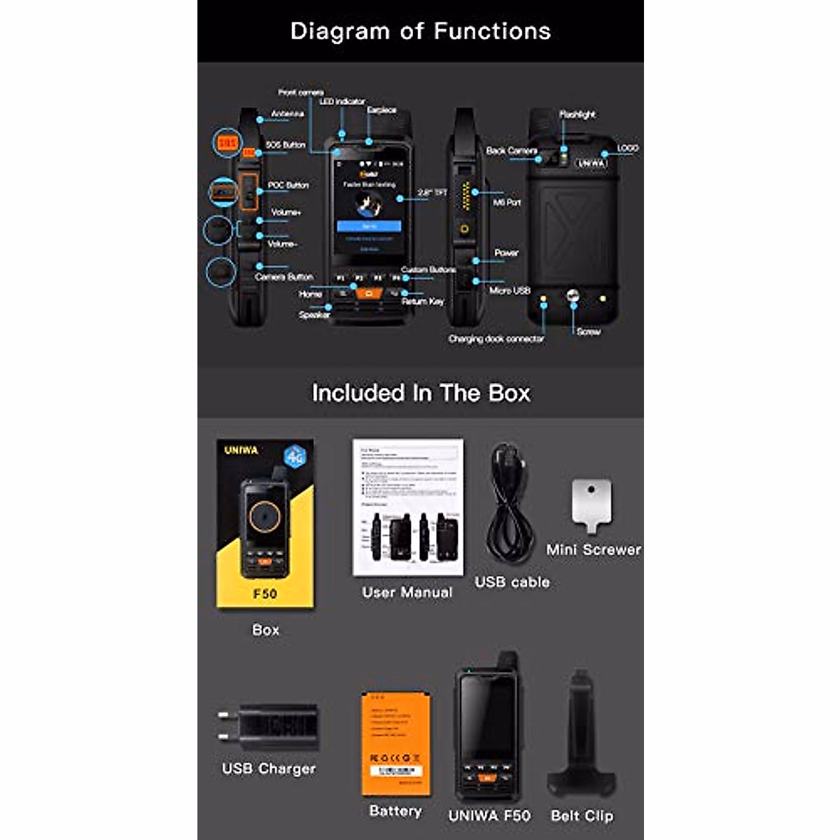 UNIWA Alps F50 Zello PTT Walkie Talkie 2.8 inches Touch Screen Quad Core MTK6735 1GB+8GB 4000mAh 4G LTE Android 6.0 Rugged Smartphone