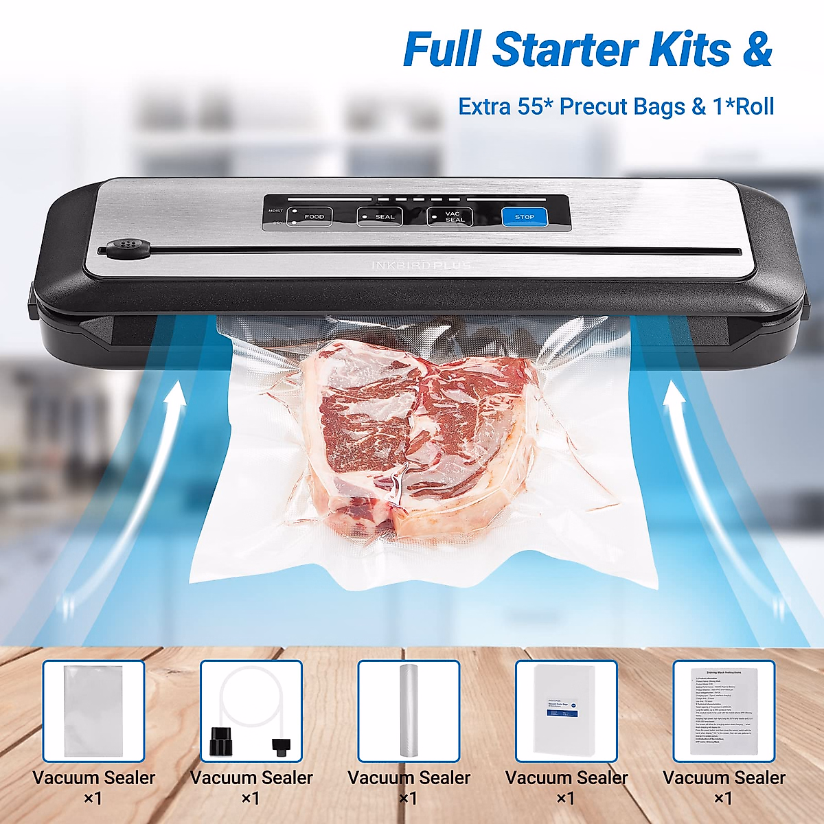 Inkbird Vacuum Sealer Machine Start Kit Including 55 Count 8"x12" Bags & 8"*79' Vacuum Sealer Roll,with Built-in Cutter, Dry & Moist Sealing Modes for Food Storage,Easy Cleaning