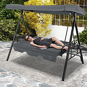 Tangkula 3 Person Porch Swing, 2-in-1 Convertible Patio Swing Bed with Adjustable Canopy, 2 Cup Holder Table, Soft Seat & Back Cushions, Outdoor Swing for Backyard, Garden, 1000 lbs Max Load (Grey)