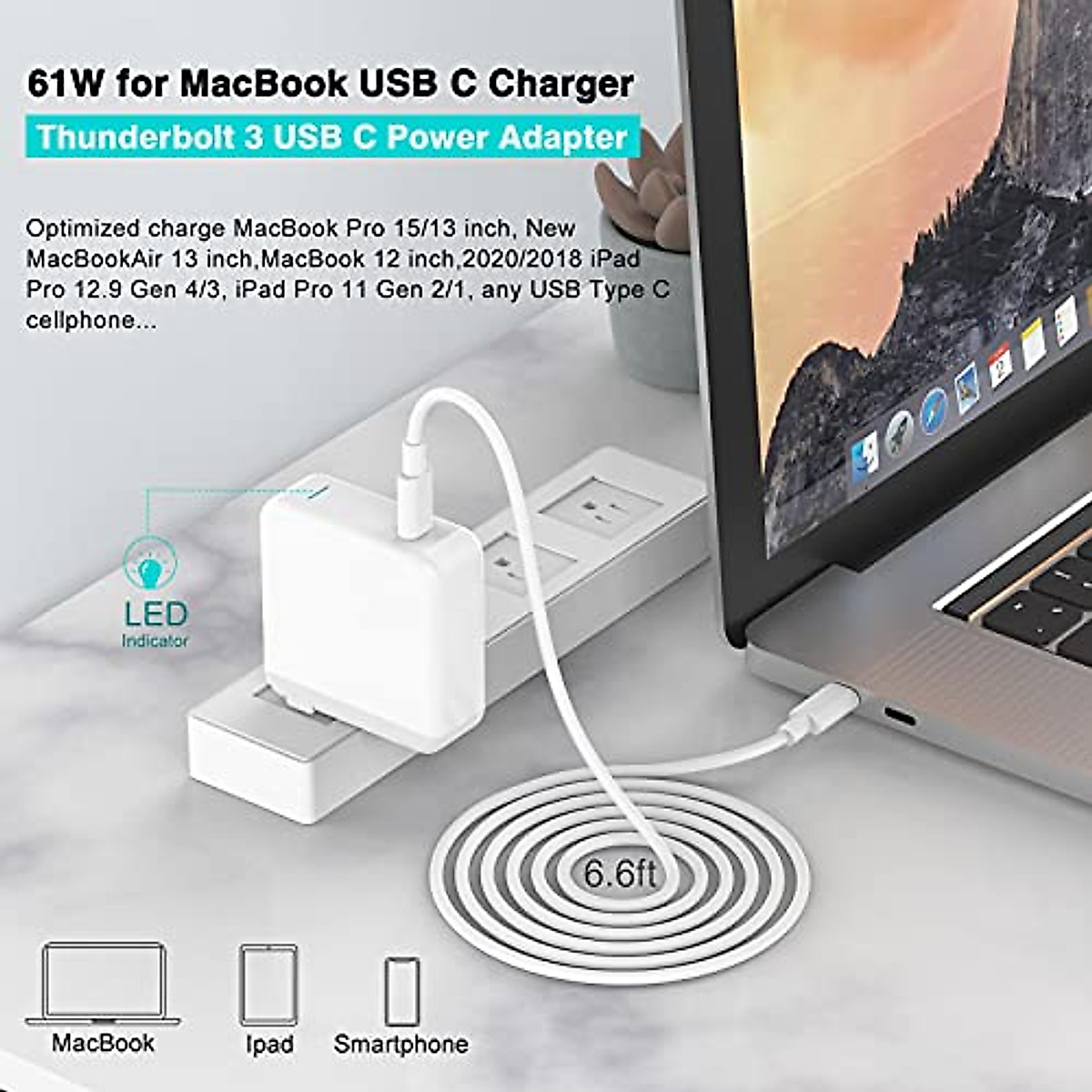 SZPOWER 61W USB C Charger Power Adapter for MacBook Pro 13, 14, 15, 16 inch 2022, 2020, 2019, 2018, New MacBook Air 13 inch, Thunderbolt 3 Laptop Power Supply Type C, LED,6.6ft USB-C to C Cable
