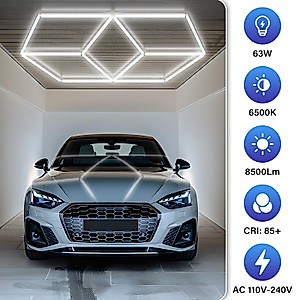 ALLYES Hexagon Garage Lights, LED Aluminum Hex Ceiling Lights, 8500LM 6500K 63W Super Bright Honeycomb LED Lights for Garage Gym Shop Barber Car Dealers