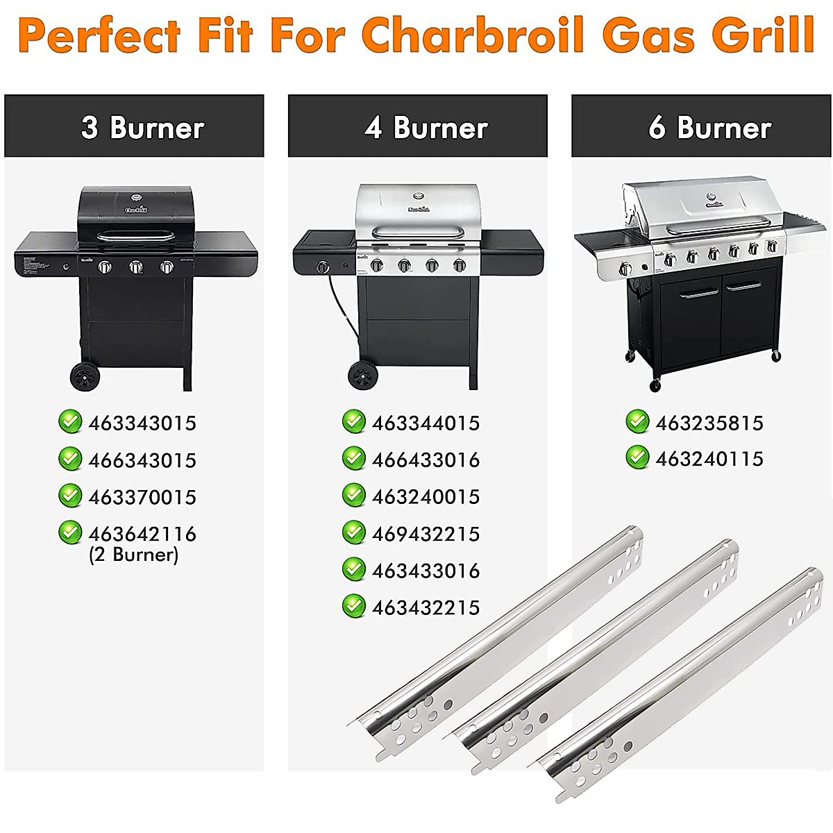 Grill Replacement Parts for Charbroil Advantage Series 3 Burner 463343015, 463642116, 463435115, 463436815, 463335115 Gas Grills, Stainless Pipe Burner, Heat Plate, Carryover Tube, Igniters.