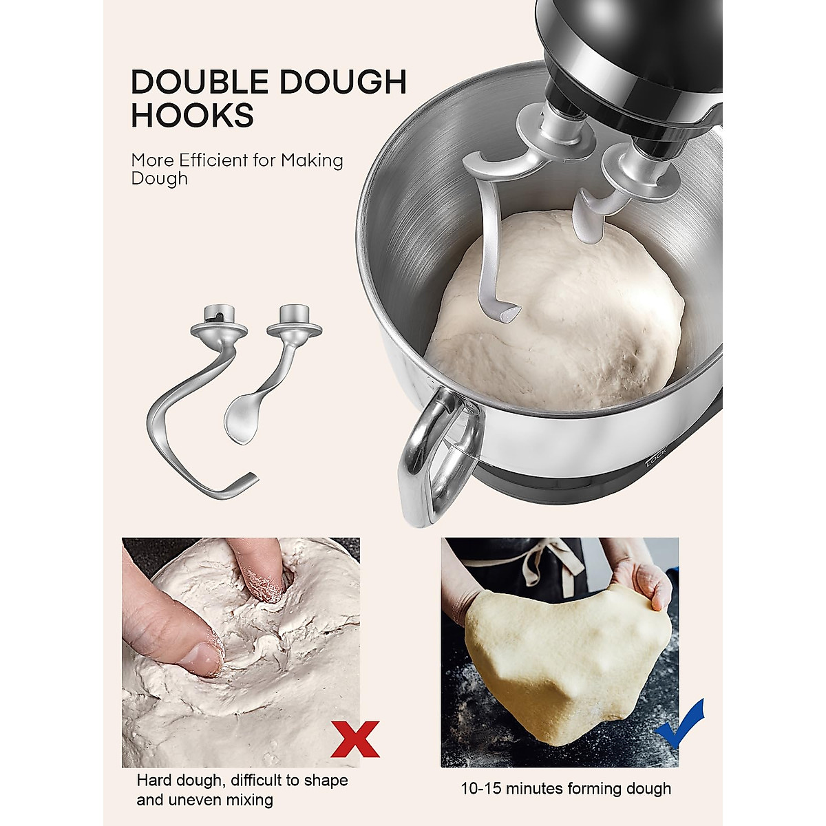 Stand Mixer Fohere, with Double Dough Hook, Wire Whip & Beater, 6+ P Speed Tilt-Head Food Mixer, Pouring Shield for Home Cooking, Dishwasher Safe Stainless Steel Bowl with Handle (Black)