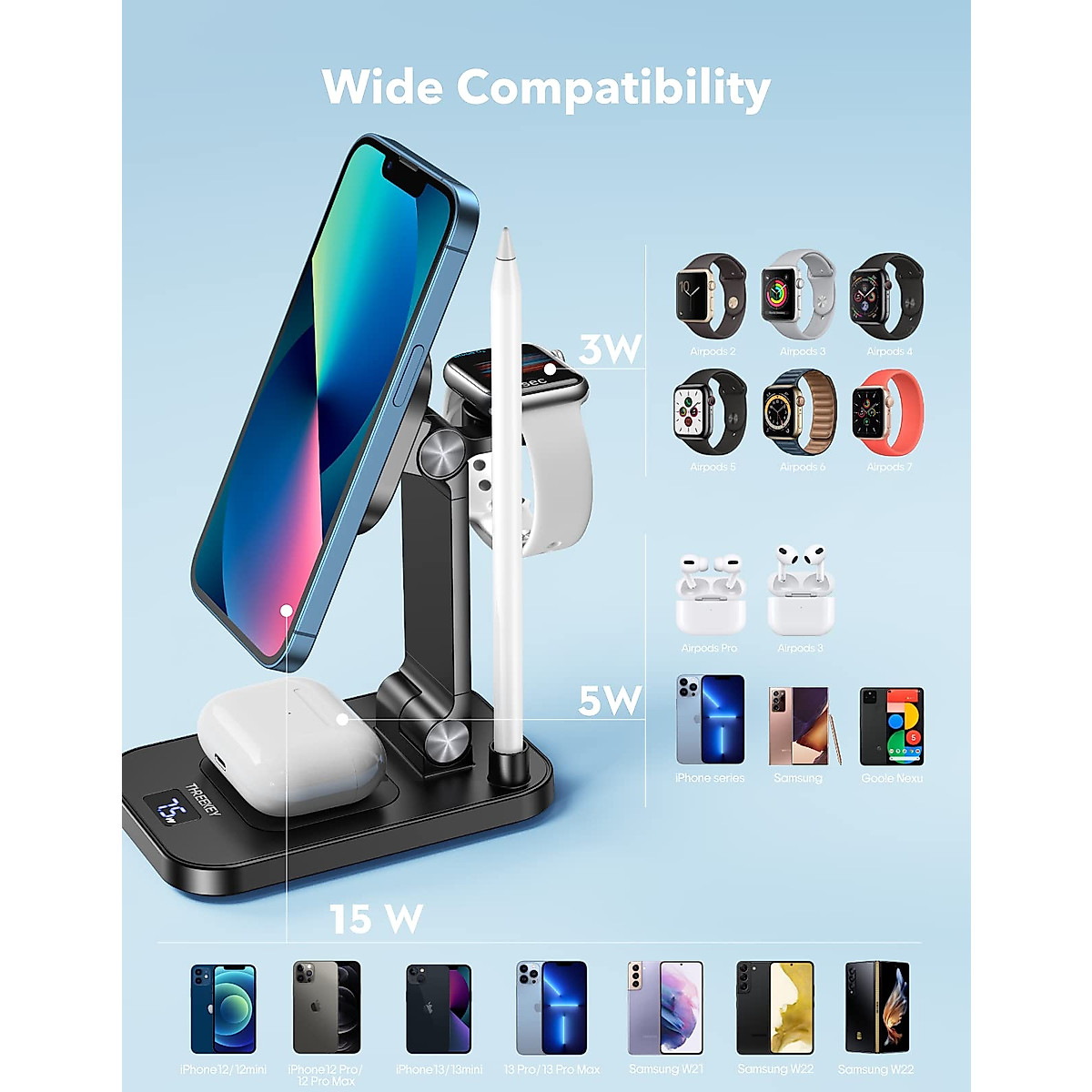 Wireless Charging Station for iPhone, 4 in 1 Fast Wireless Charger Stand with USB C Adapter Compatible with iPhone 16/15/14/13/12 Pro Max/Plus, Airpods, iWatch 5/SE/6/7/8, iPad Pencil 1st Generation