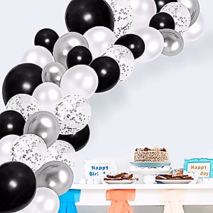 Black Silver Balloon Garland Arch Kit, 100pcs White Silver Confetti and Metallic Chrome Latex Party Balloons for Wedding Birthday Graduation Anniversary Decorations (BlackSilver-100pcs)