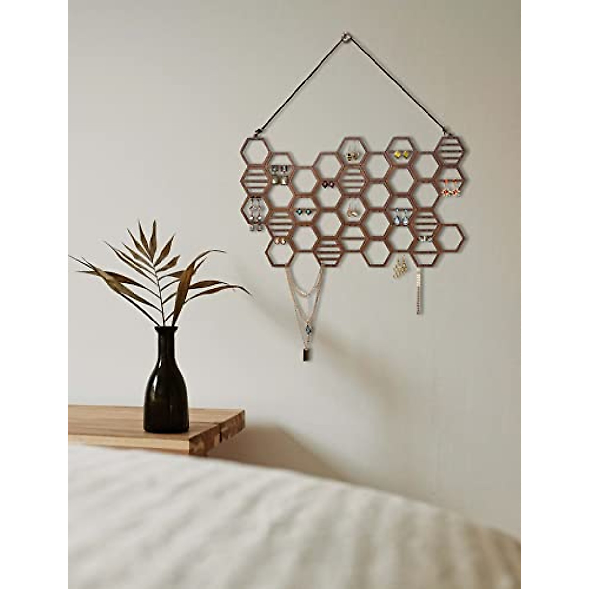 Heesch Hanging Earring Holder Honeycomb Earring Organizer Wall Mount Earring Display Wood Hanging Jewelry Organizer for Stud Earrings, Necklaces (Walnut)