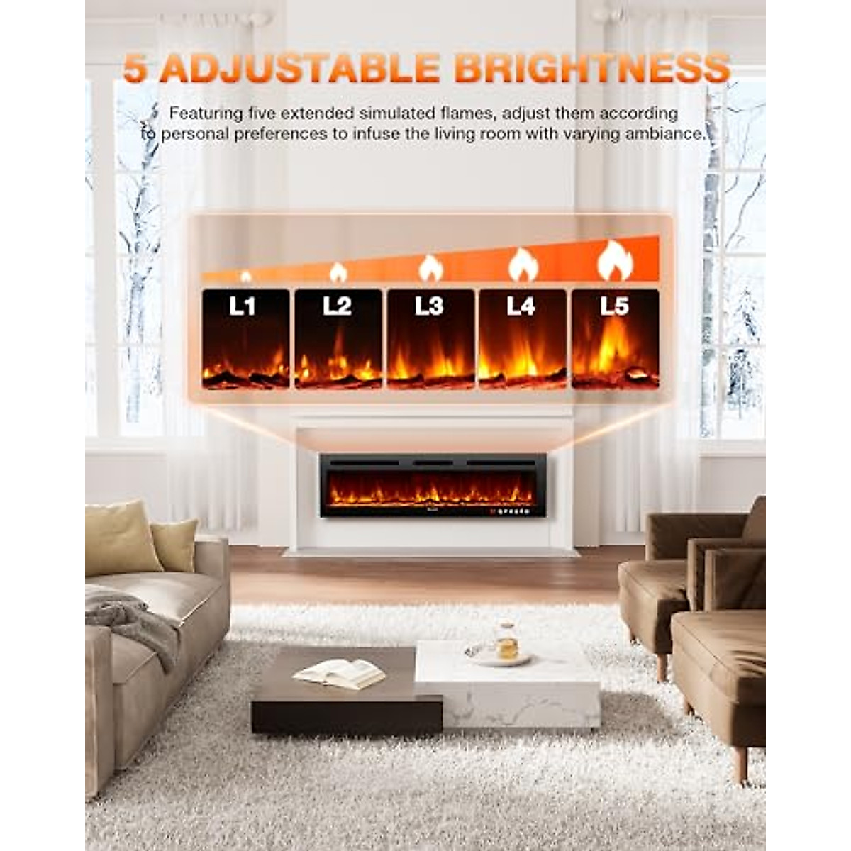VISVEIL Electric Fireplace 60Inch,Realistic Flame Electric Fireplace Heater,Log Set/Crystal Flames 750-1500W with Timer Inserts/Wall Mounted/TV Stand Touch Screen & Remote for Living Room Easy Install