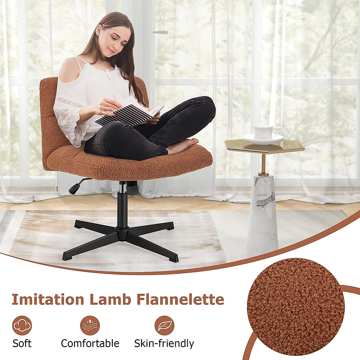 COSTWAY Cross Legged Office Chair, Armless Wide Seat Swivel Desk Chair No Wheels, Height Adjustable Mid Back Computer Task Chair, Modern Faux Lamb Fleece Vanity Chair for Home Office (Brown)
