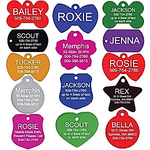 GoTags Custom Engraved Pet ID Tags for Dogs and Cats, Personalized on Both Sides, Many Tag Shapes Including Bone, Heart, Bow Tie, Star, Round and Badge