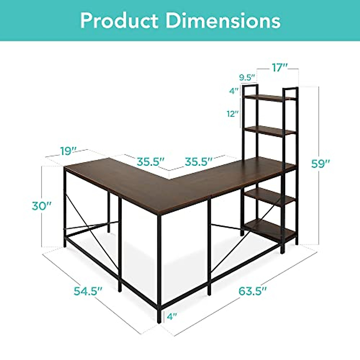 Best Choice Products L-Shaped Corner Computer Desk, Large Study Workstation Furniture w/Multifunctional 5-Tier Open Storage Bookshelves, Custom Setup for Home, Office - Brown/Black