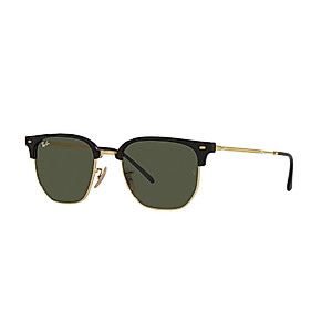 Ray-Ban RB4416F New Clubmaster Low Bridge Fit Square Sunglasses, Black on Gold/Green, 55 mm