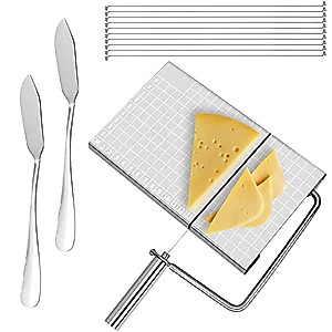 ZOCONE Cheese Slicer with Wire for Block Cheese, Stainless Steel Cheese Cutter with Accurate Size Scale, with 10 Replacement Wires & 2 Stainless Steel Multi-purpose Spreading Knives for Cheese Butter