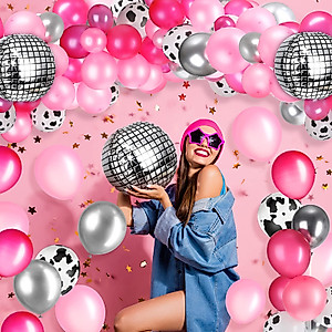 50 Pcs Cow Print Balloon Disco Ball Balloons Western Cowgirl Party Round Disco Balloons for Cowgirl Party 4D Metallic Balloons Foil Mirror Balloon for Cowgirl Theme Party Decorations with Ribbon Tape
