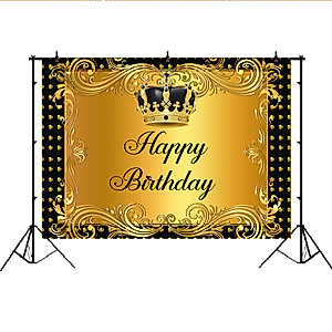 Lofaris Royal Little Prince Party Backdrop Black and Gold Crown Curtain Happy Birthday Background Little Boy First Birthday Party Decoration Supplies Cake Table Banner7x5ft