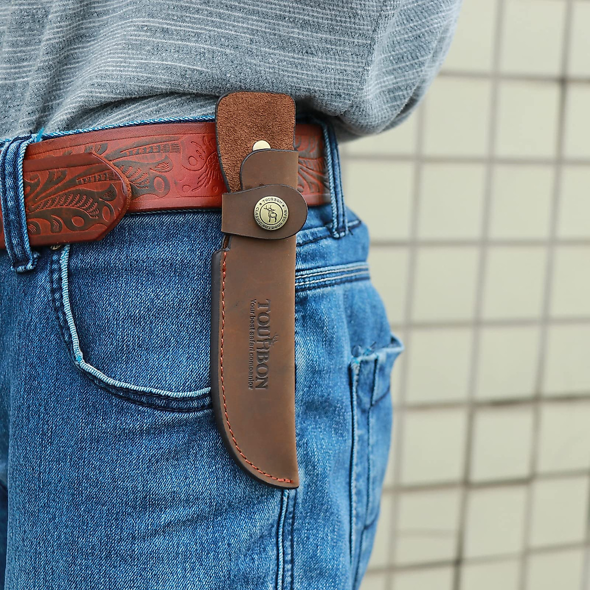 TOURBON Brown Leather Fixed Blade Knife Sheath with Snap Closure