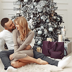 LOVEVOOK Laptop Bag for Women, Fashion Computer Tote Bag Large Capacity Handbag, Leather Shoulder Bag Purse Set, Professional Business Work Briefcase for Office Lady, 2PCs, 15.6-Inch, Deep Plum