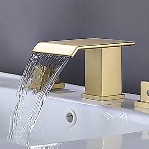 TapLong Solid Brass Modern Waterfall Bathroom Basin Faucet 3 Holes 2 Square Handles Brushed Gold Sink Faucet