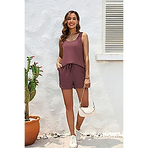 Andeip Waffle Knit Pajama Sets for Women Breathable Lounge Sets Sleeveles Top and Elastic Shorts pj Set Red L