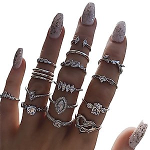 15pcs Vintage Star & Moon Knuckler Ring Silver Joint Knuckle Ring Set for Women and Girls, Midi Ring Bohemian Knuckle Ring Sets Fashion Finger Vintage Silver Stackable Rings Knuckle Midi Rings Silver