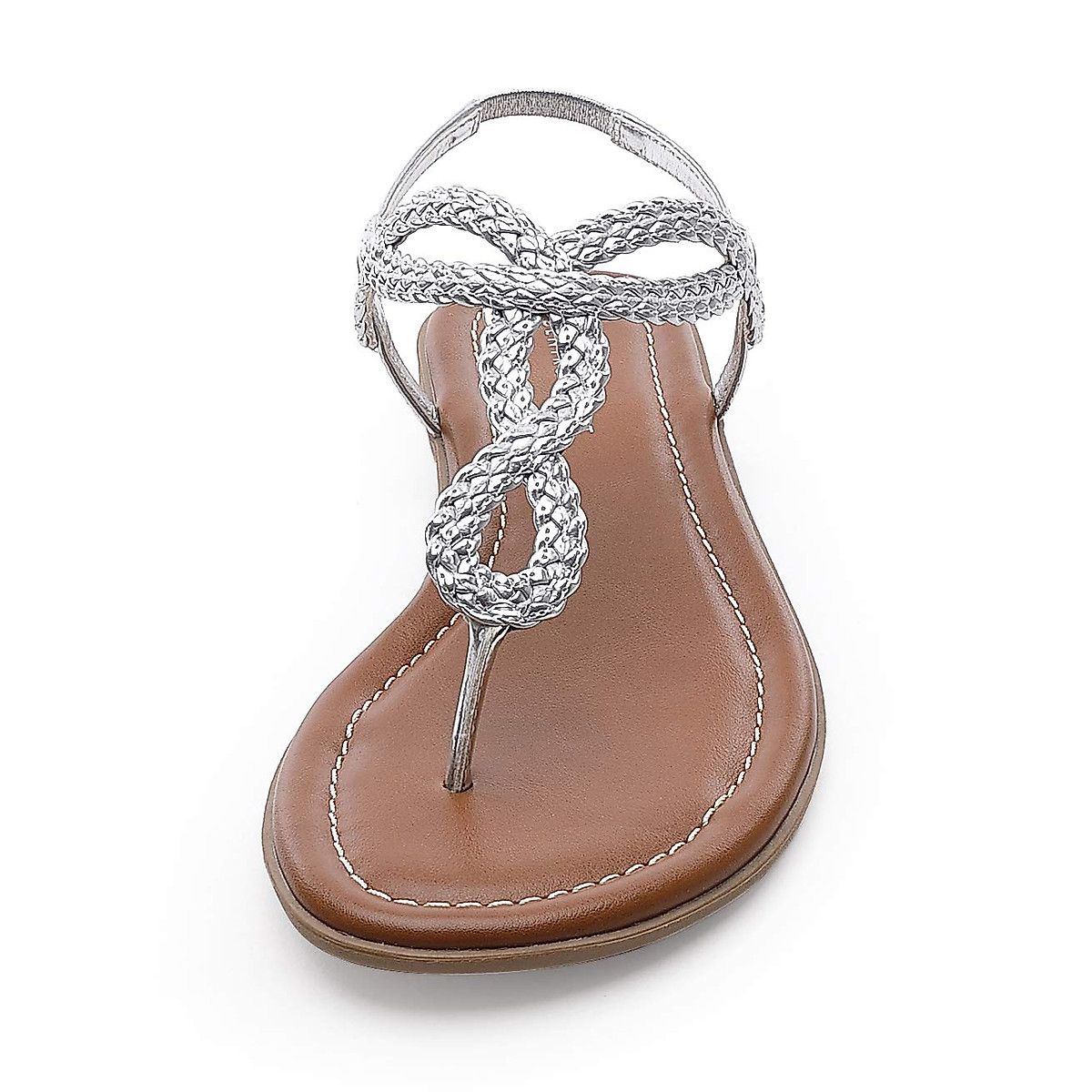 CentroPoint Women's Braided T-strap Thong Slip On Flat Sandals With Elastic Brand Roman Gladiator Fashion Flip Flop Shoes(Silver PU, Numeric_8)