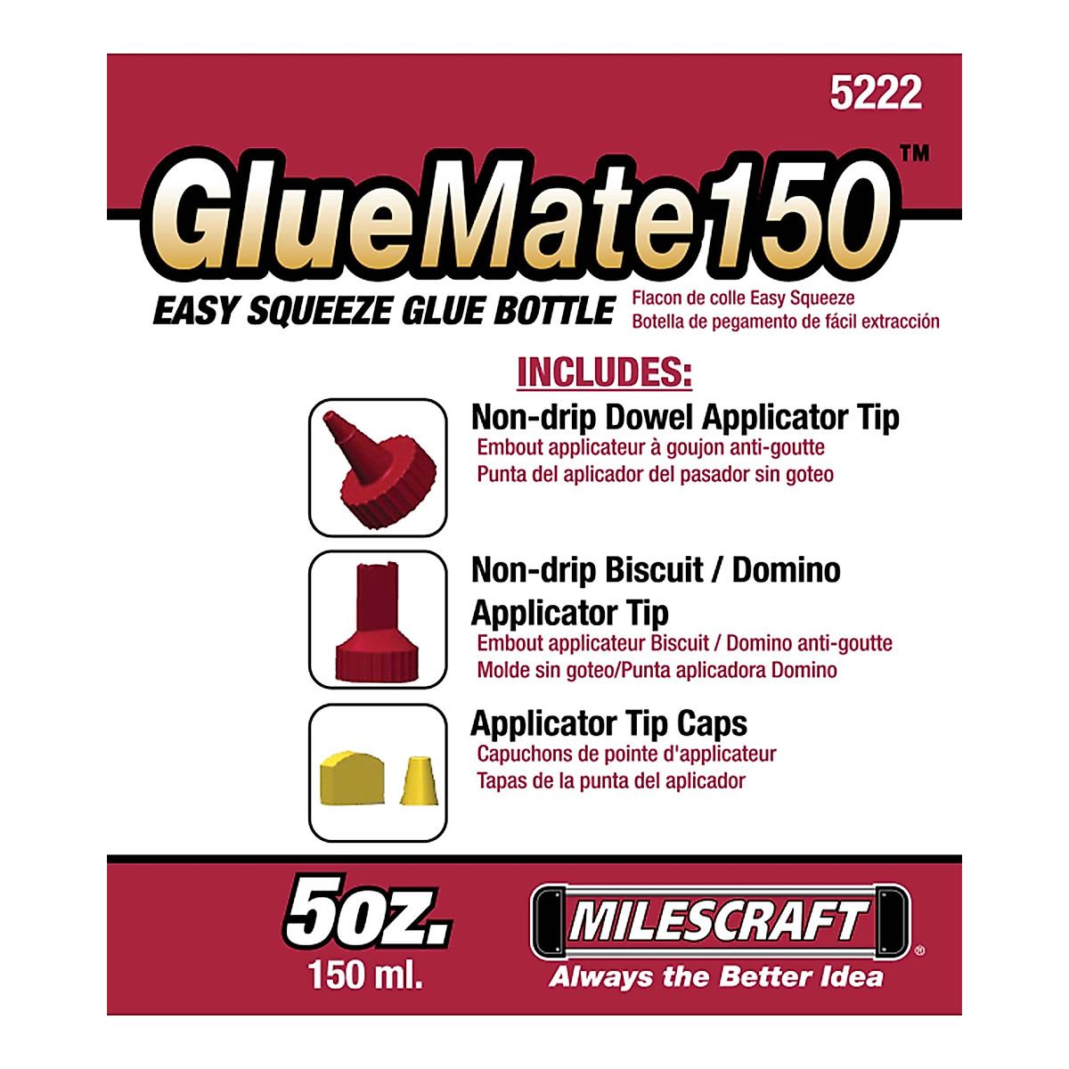 Milescraft 5222 Glue Mate 150-5oz. (150ml) Precision Wood Glue Bottle - Anti-Drip - Dowel and Biscuit Tips Included - Easy Flow Multi-Chamber Design - Ideal for Woodworking