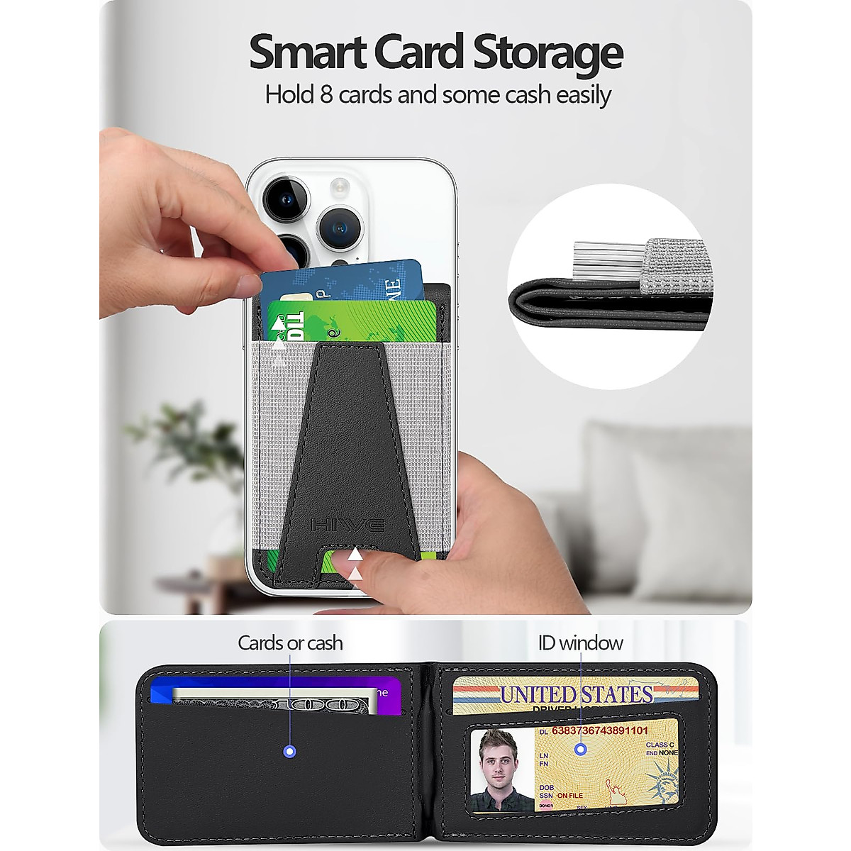 Magnetic Card Wallet Holder for Apple Magsafe, Designed for MagSafe Wallet, Eiffel-Tower Leather Magnetic Wallet with Adjustable Stand for iPhone 15 Pro/15/14/13/12 Series, Fit 8 Cards (Black)