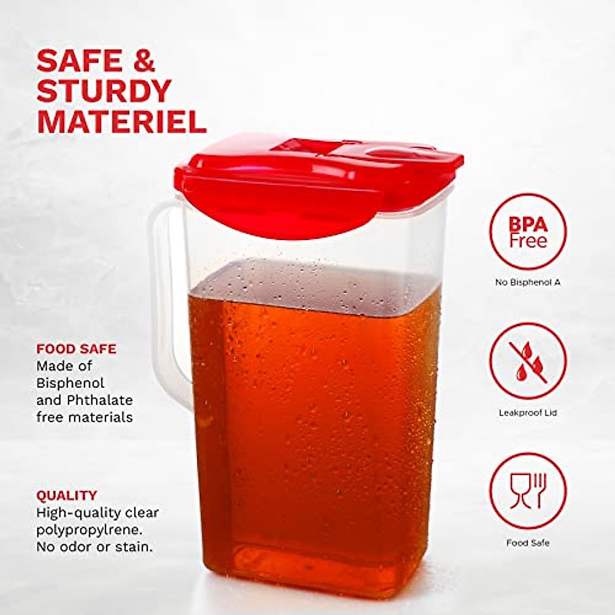 Pitcher 50 Oz. | Plastic Pitcher with Lid | Jug for Fridge | Juice Container with Lid | Iced Tea Pitcher | Airtight Pitcher with Spout Perfect for Lemonade, Water. BPA Free, Red (Small))