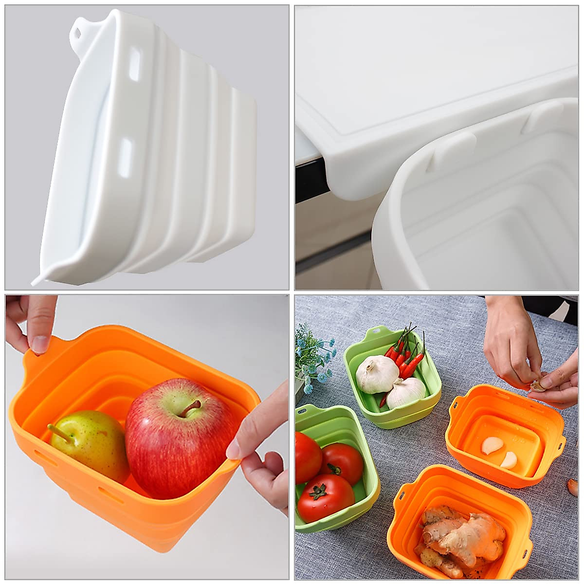 Coolnice Collapsible Silicone Cutting Board Portable Slip Resistant Cutting Mat with 2 foldable bowls for Home Kitchen Picnic Camping-White